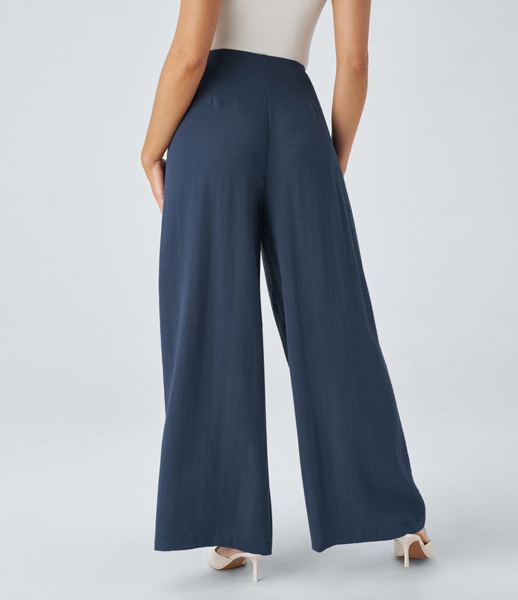 Womens High Waisted Decorative Button Invisible Zipper Wide Leg