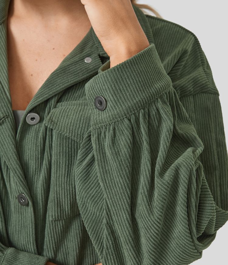 Women’s Collared Button Pocket Long sleeve Curved Hem Corduroy Casual ...