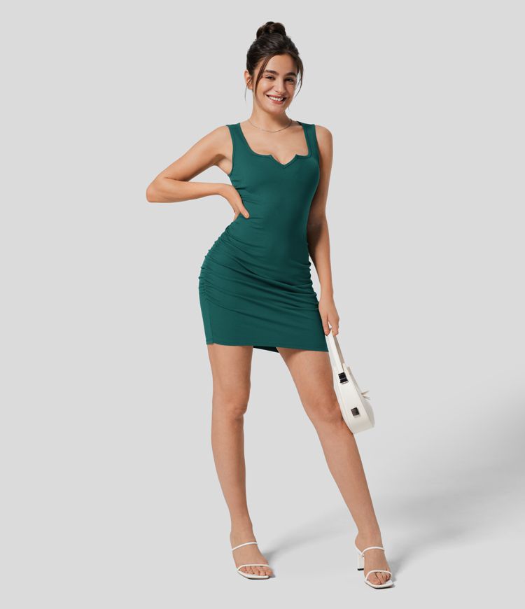 Womens Ribbed Notched Scoop Neck Sleeveless Ruched Bodycon Mini Casual
