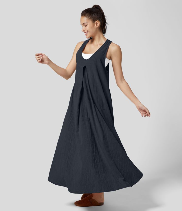 Women’s U Neck Sleeveless Side Pocket Flowy Maxi Casual Linen-Feel ...