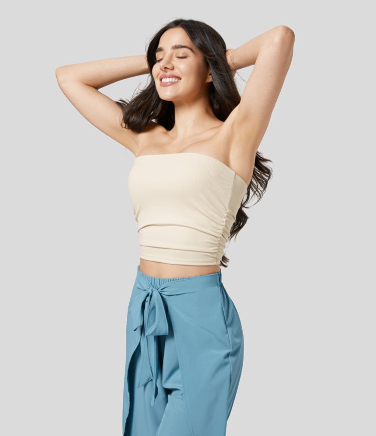 Women’s Ribbed Knit Ruched Cropped Yoga Tube Top - Halara