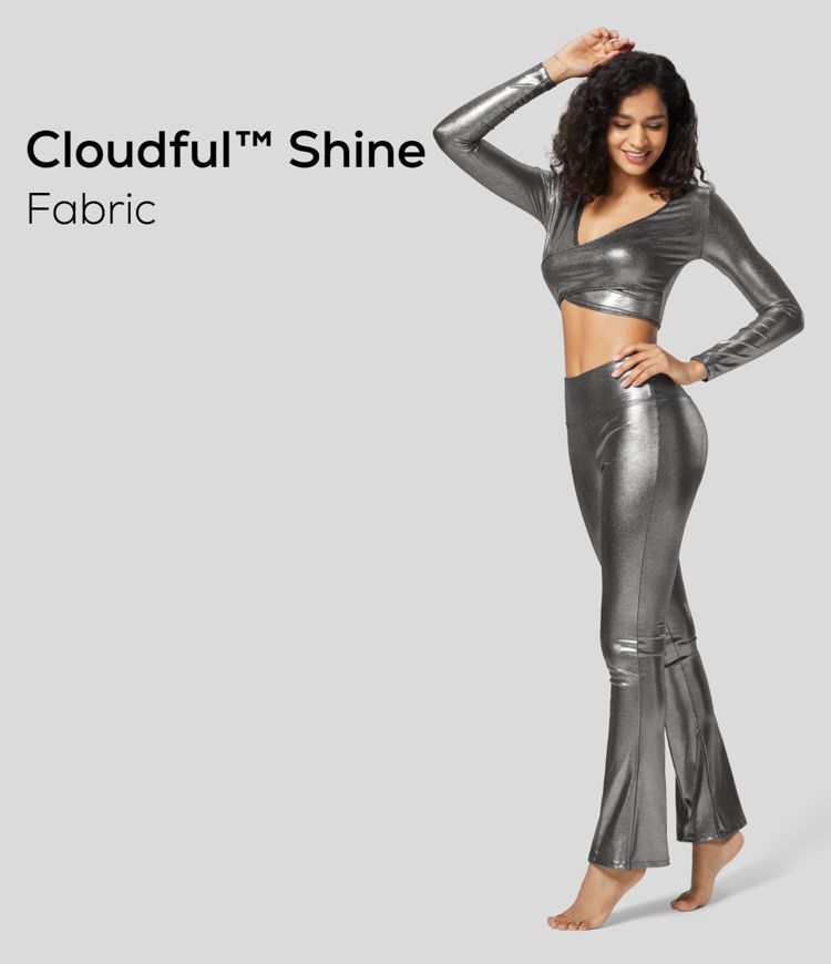 Women’s Cloudful™ Shine Fabric Deep V Neck Crossover Hem Long Sleeve Cropped Metallic Foil Print ...