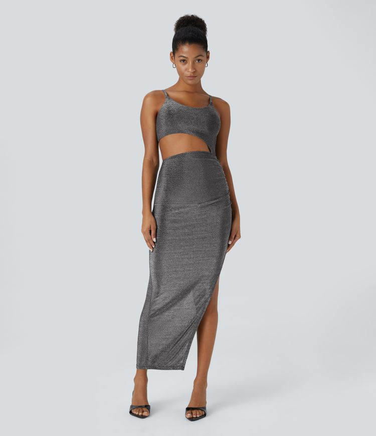 Women’s Cut Out Backless Ruched Split Hem Bodycon Maxi Metallic Party ...