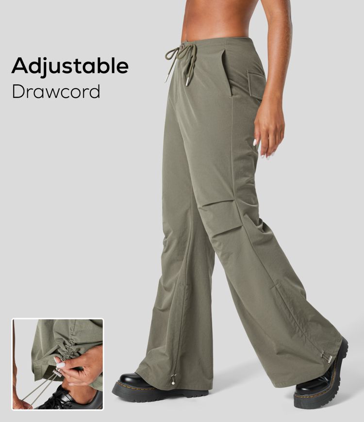 Women’s Mid Rise Drawstring Side Pocket Ruched Adjustable Hem Casual ...