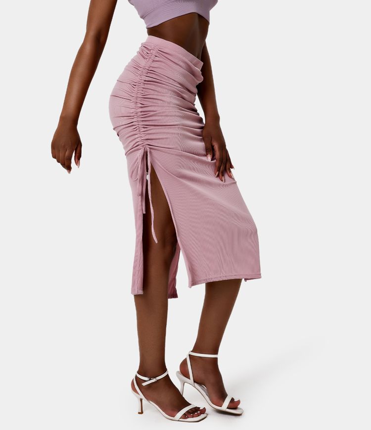 Women’s High Waisted Ruched Drawstring Split Hem Ribbed Midi Skirt - HALARA