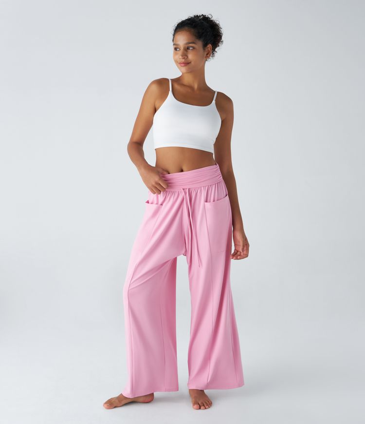 Wholesale Mid Rise Foldover Drawstring Side Pocket Harem Wide Leg ...