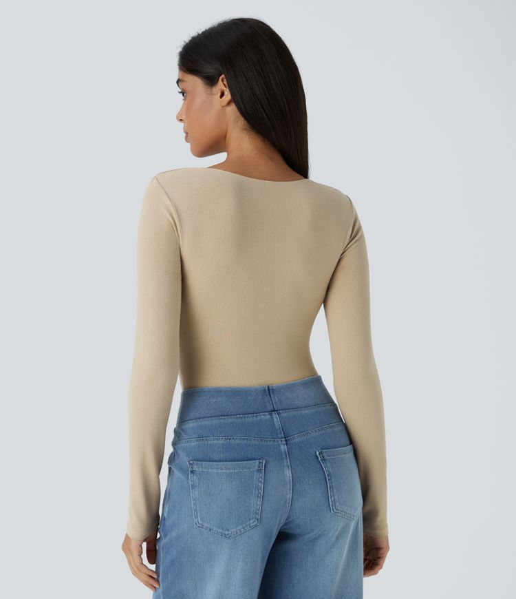 Body ajustado botón presión manga larga torcida cuello V acanalado de ...