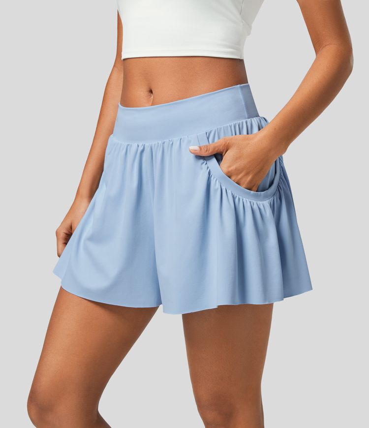 Women’s Mid Rise Inside Drawstring Plicated Side Pocket 2-in-1 Yoga ...