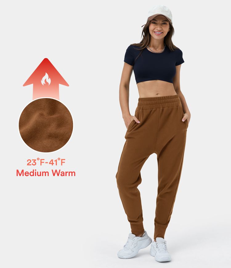 Women’s High Waisted Drawstring Side Pocket Ribbed Cuffs Fleece Casual ...