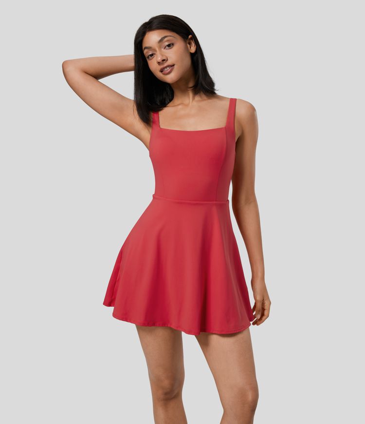 Women’s Backless Contrast Mesh 2-in-1 Pocket Mini Dance Active Dress ...