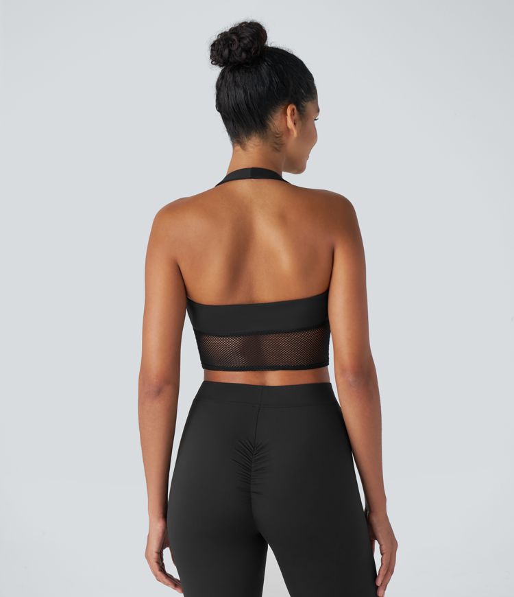 Women’s Softlyzero™ Plush Halter Backless Contrast Mesh Cropped Casual ...