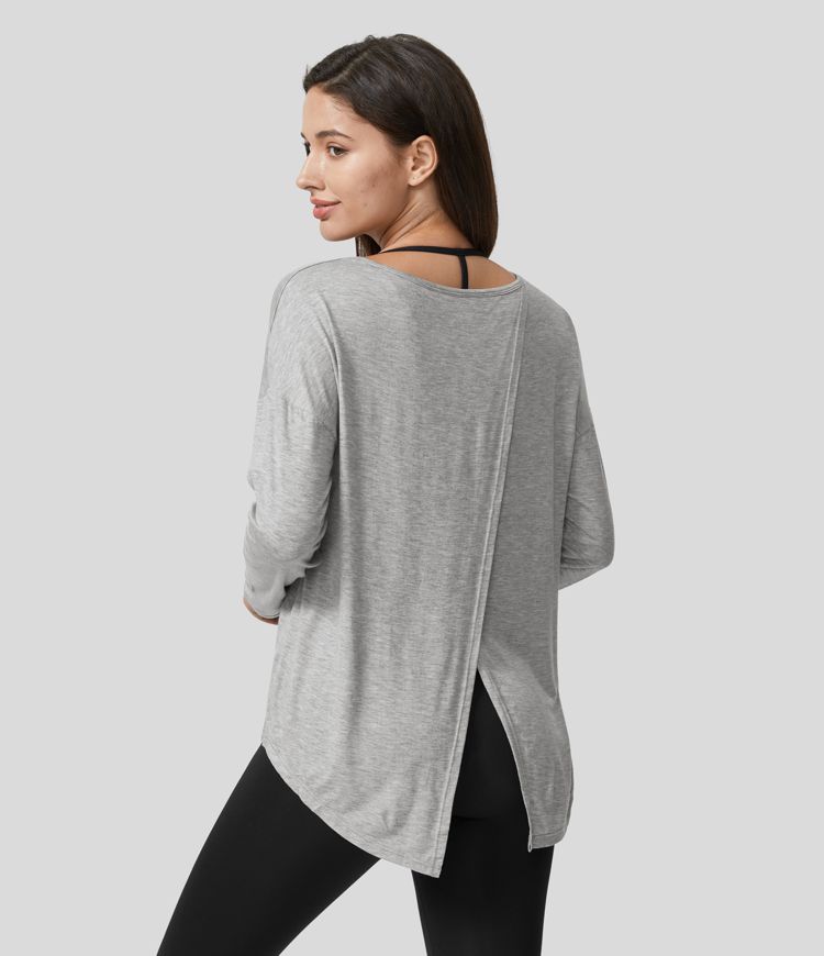 Women’s Button Long Sleeve Split Tie Back Yoga Cotton Sports Top - HALARA