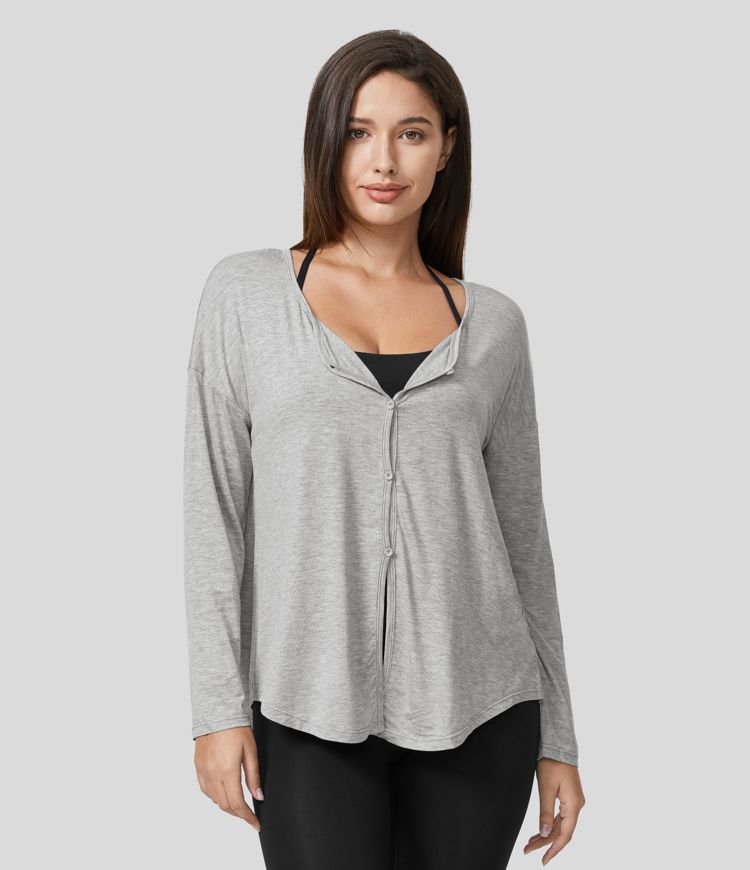 Women’s Button Long Sleeve Split Tie Back Yoga Cotton Sports Top - HALARA