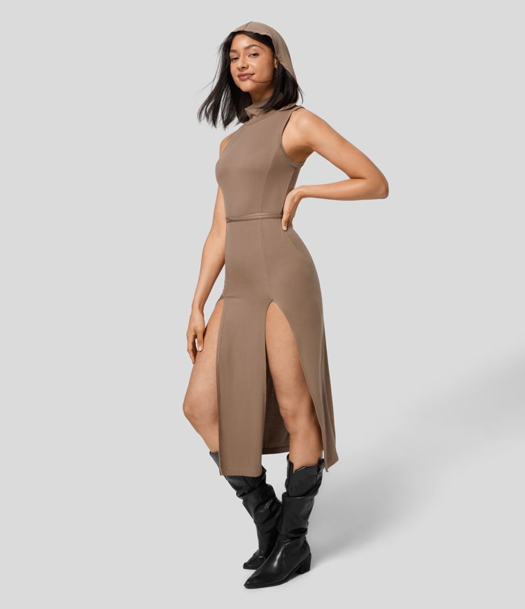 Wholesale Ribbed Hooded High Neck Sleeveless Cut Out Tie Back Split 2 ...