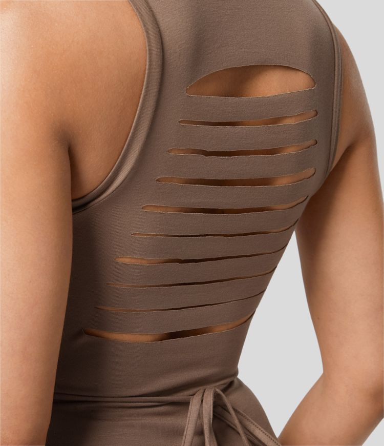 Wholesale Ribbed Hooded High Neck Sleeveless Cut Out Tie Back Split 2 ...