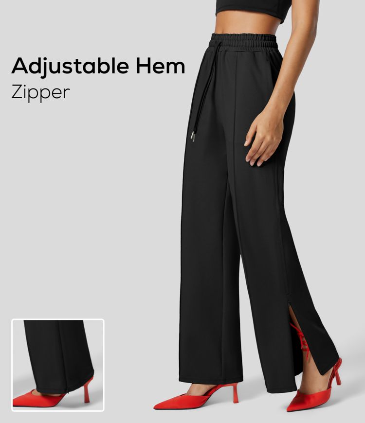 Women’s High Waisted Drawstring Side Pocket Adjustable Zipper Hem ...