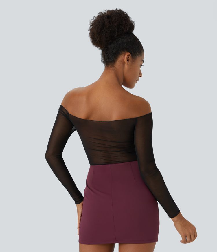 Women’s Sheer Mesh Off Shoulder Chest Ruched Party Top - Halara