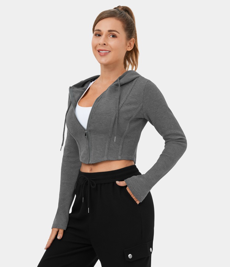 Women’s Hooded Drawstring Full Zip Cropped Waffle Casual Hoodie ...