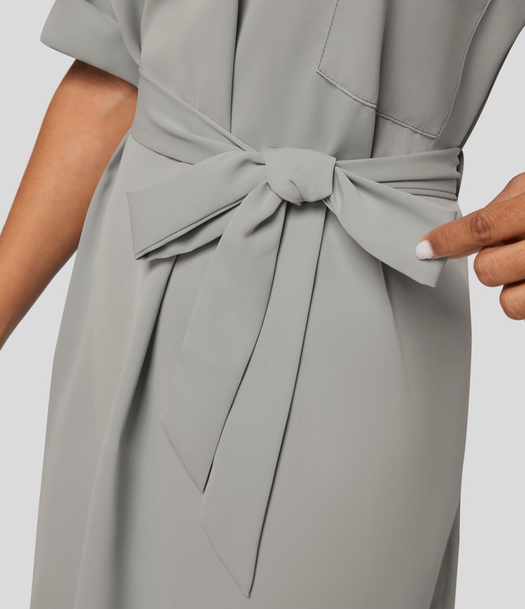 Women’s Roll Up Sleeve Belted Relaxed Work Shirt Dress - Halara