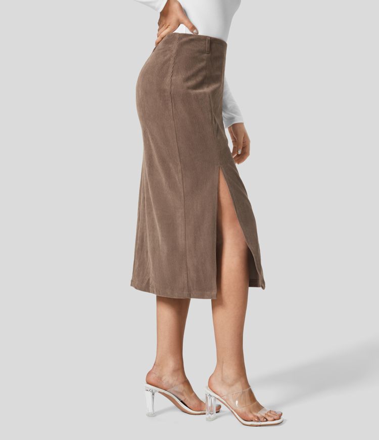 Womens High Waisted Invisible Zipper Split Hem Midi Corduroy Casual Skirt Halara