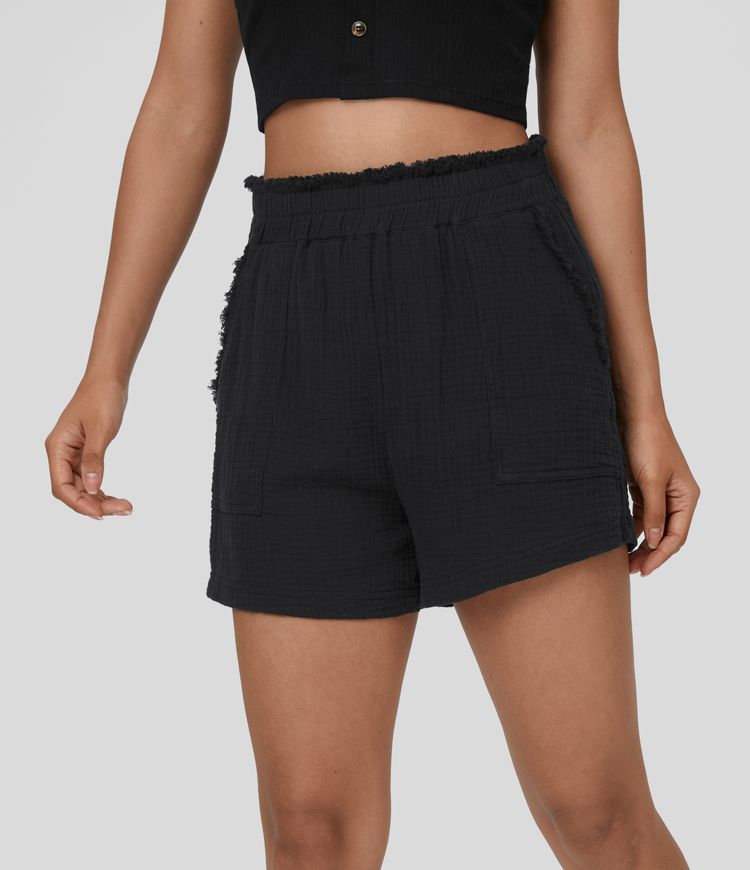 Women’s High Waisted Side Pocket Raw Hem Casual Cotton Shorts 3.5 ...