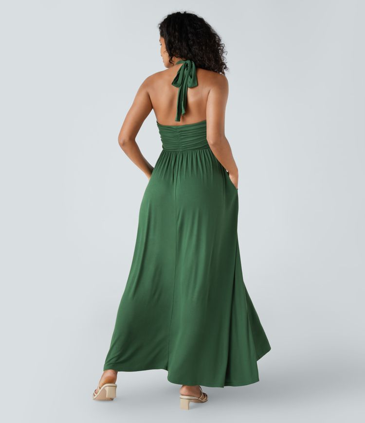 Women’s Ribbed Halter Tie Back Backless Ruched Plicated Side Pocket ...