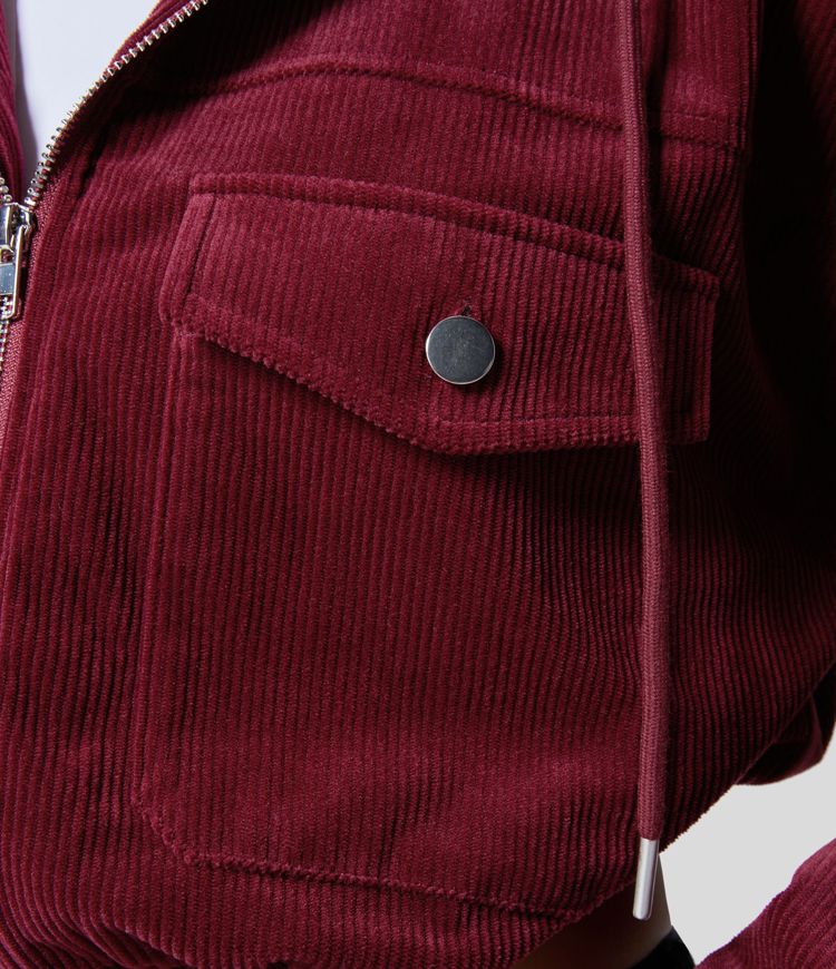 Women’s Drawstring Hooded Long Sleeve Flap Pocket Zipper Solid Casual Corduroy Jacket - HALARA