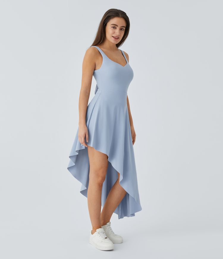 Vestido Sin Mangas Media Pierna Dobladillo Asimétrico Bolsillo Lateral
