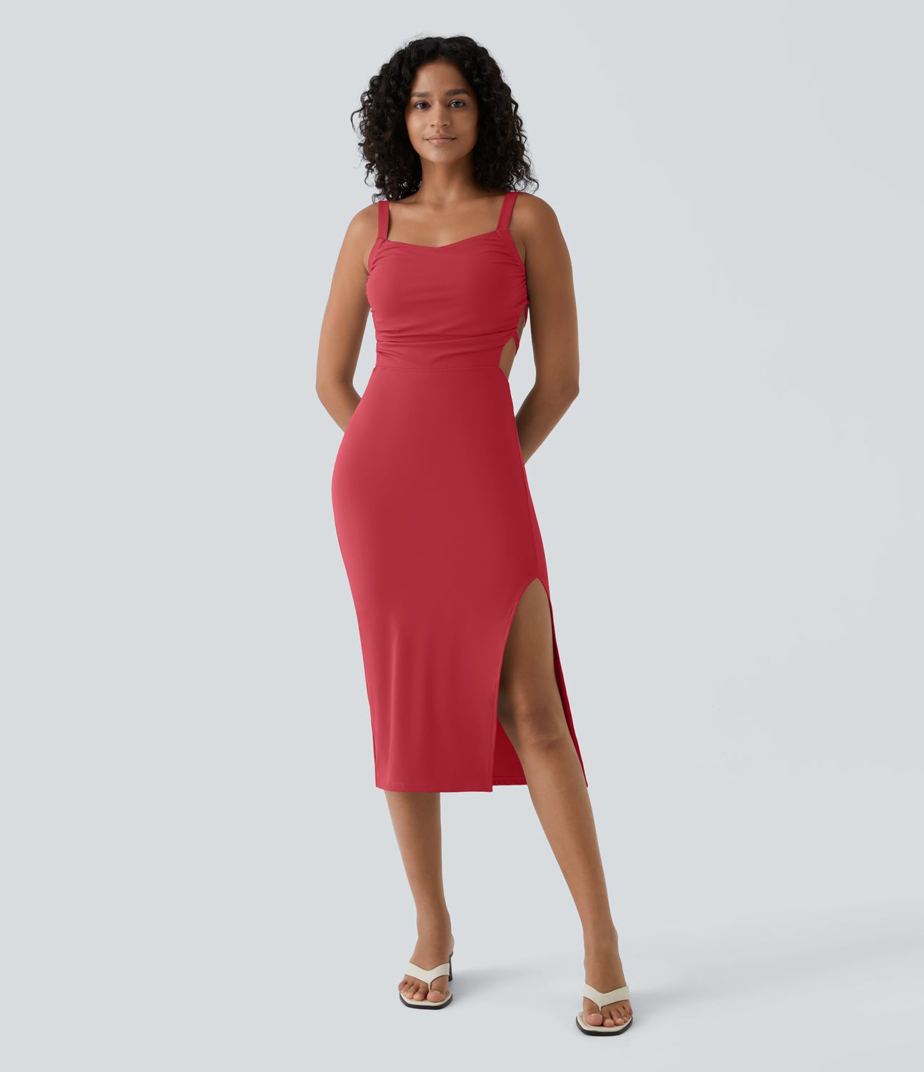 Womens Ruched Backless Crisscross Lace Up Split Bodycon Midi Casual