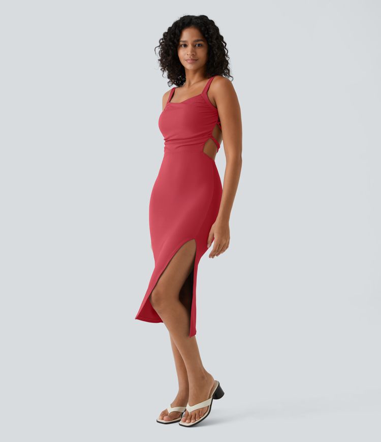 Womens Ruched Backless Crisscross Lace Up Split Bodycon Midi Casual