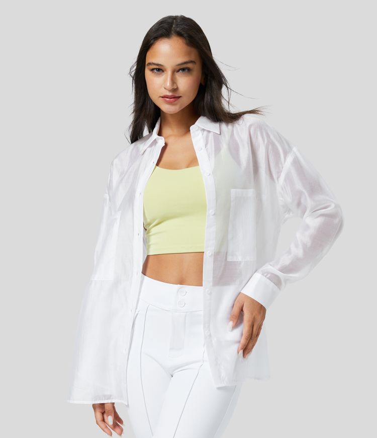 Women’s Sheer Collared Button Long Sleeve Chest Pocket Curved Hem ...