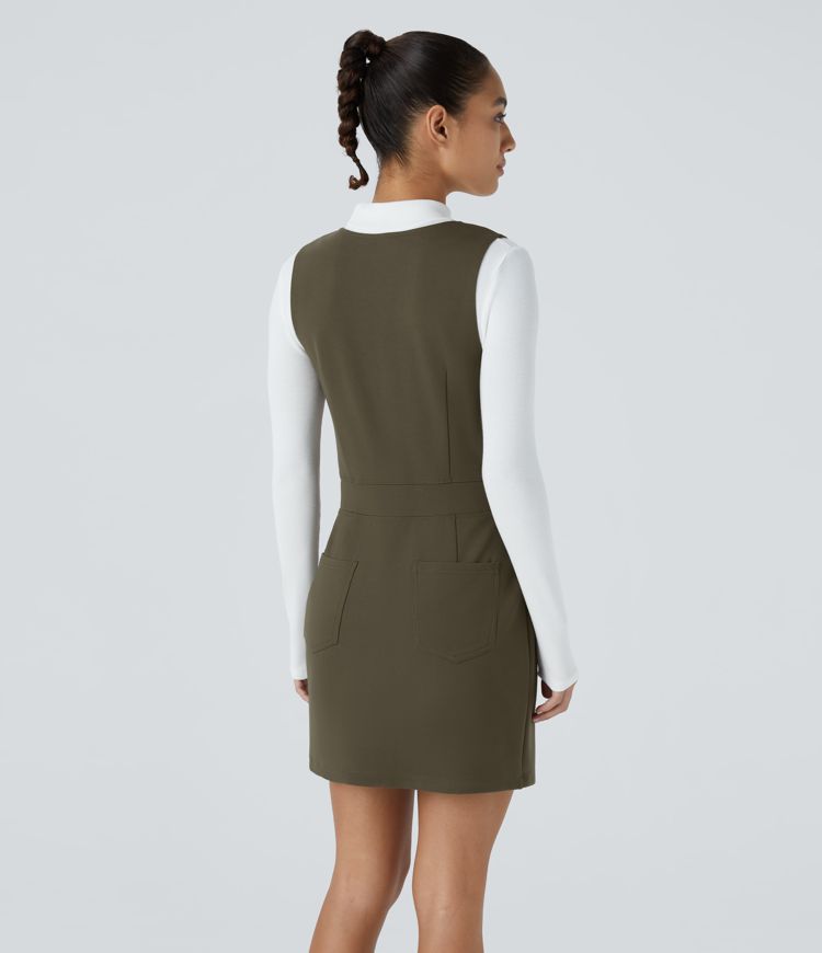 Women’s V Neck Sleeveless Decorative Button Back Side Pocket Mini Work ...