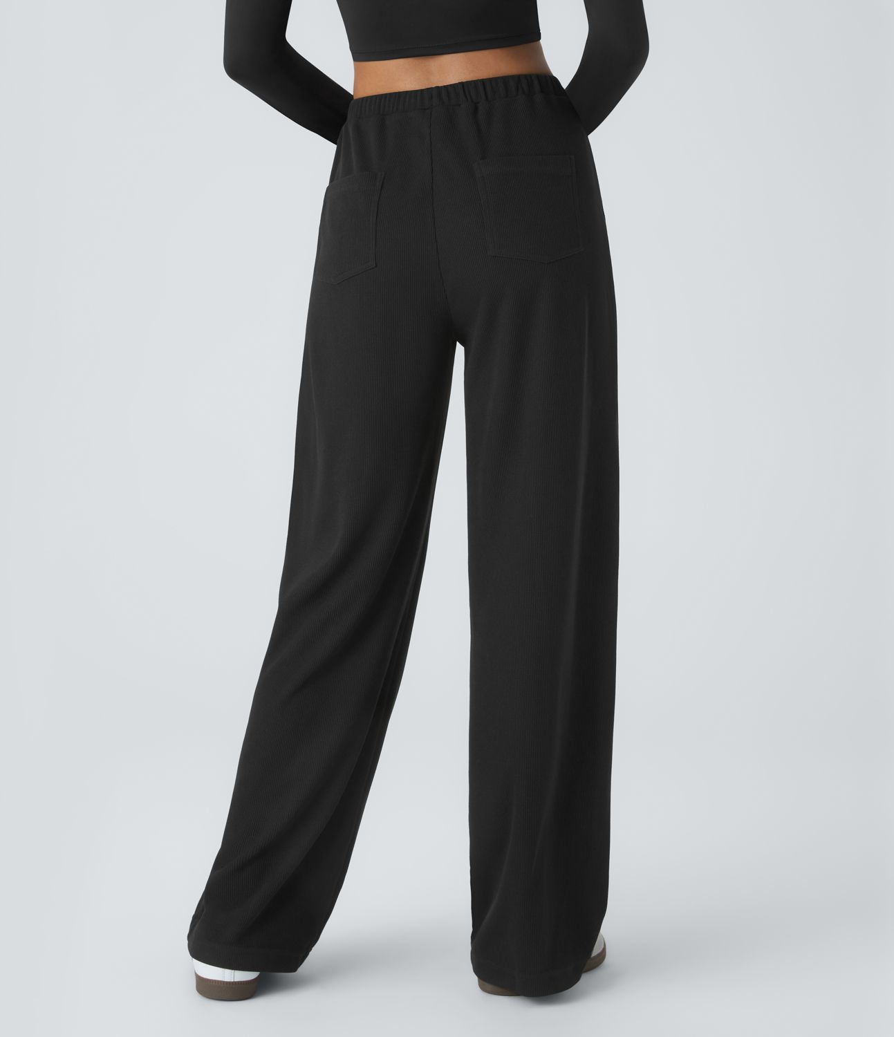 Women’s Ribbed Mid Low Rise Inside Drawstring Multiple Pockets Wide Leg ...