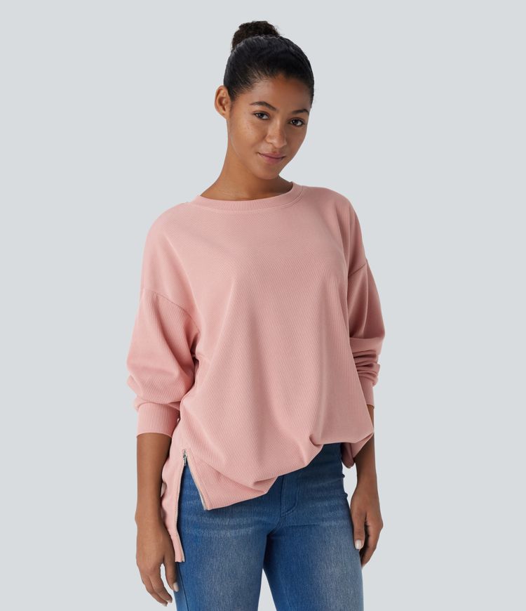 Women’s Ribbed Round Neck Dropped Shoulder Long Sleeve Zipper Split ...