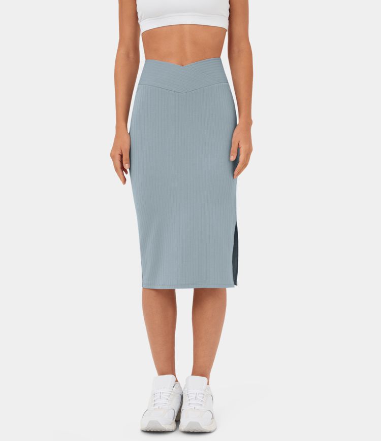 Women’s Ribbed Knit High Waisted Crossover Side Split Bodycon Midi ...