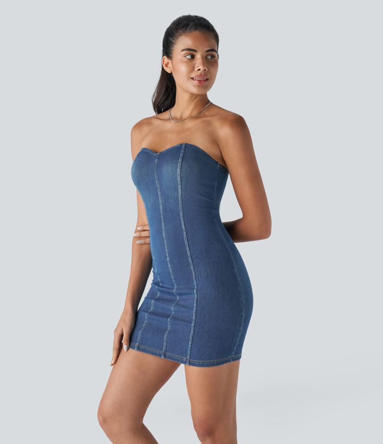 Minivestido Active Denim mezclilla elástico ajustado sin espalda tubo de mujer - Halara
