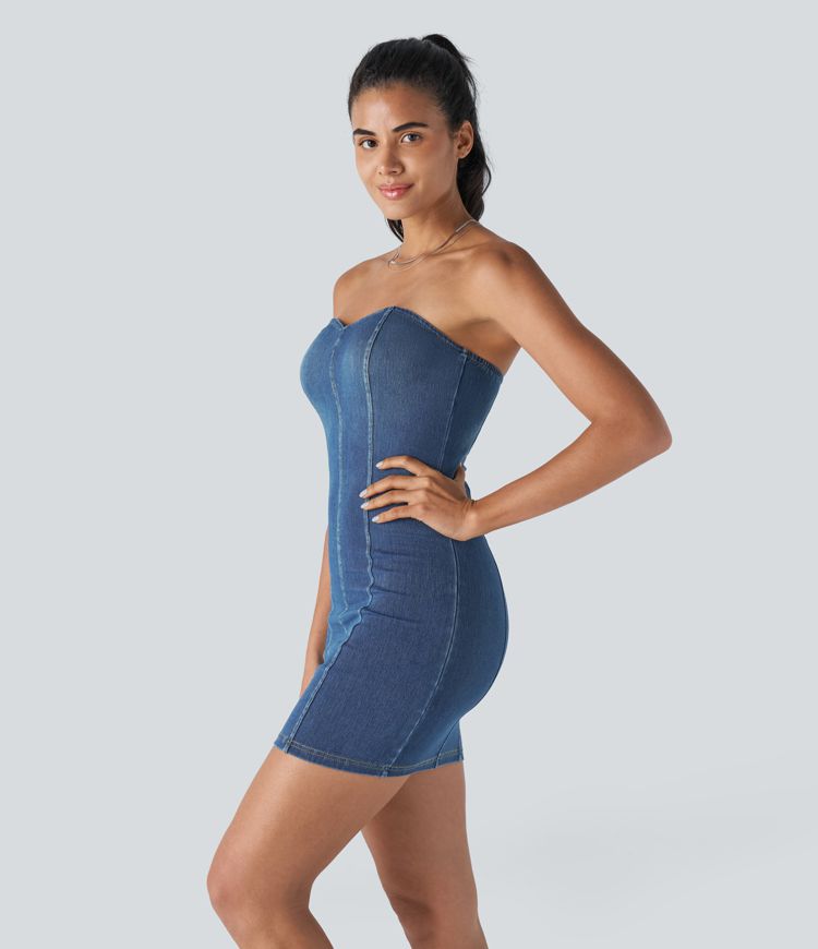 Minivestido Active Denim mezclilla elástico ajustado sin espalda tubo de mujer - Halara