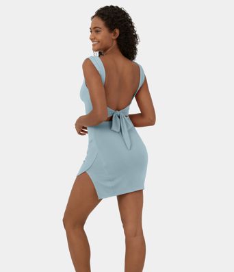 Women’s Ruched Backless Tie Back Split Hem Bodycon Mini Casual Dress ...