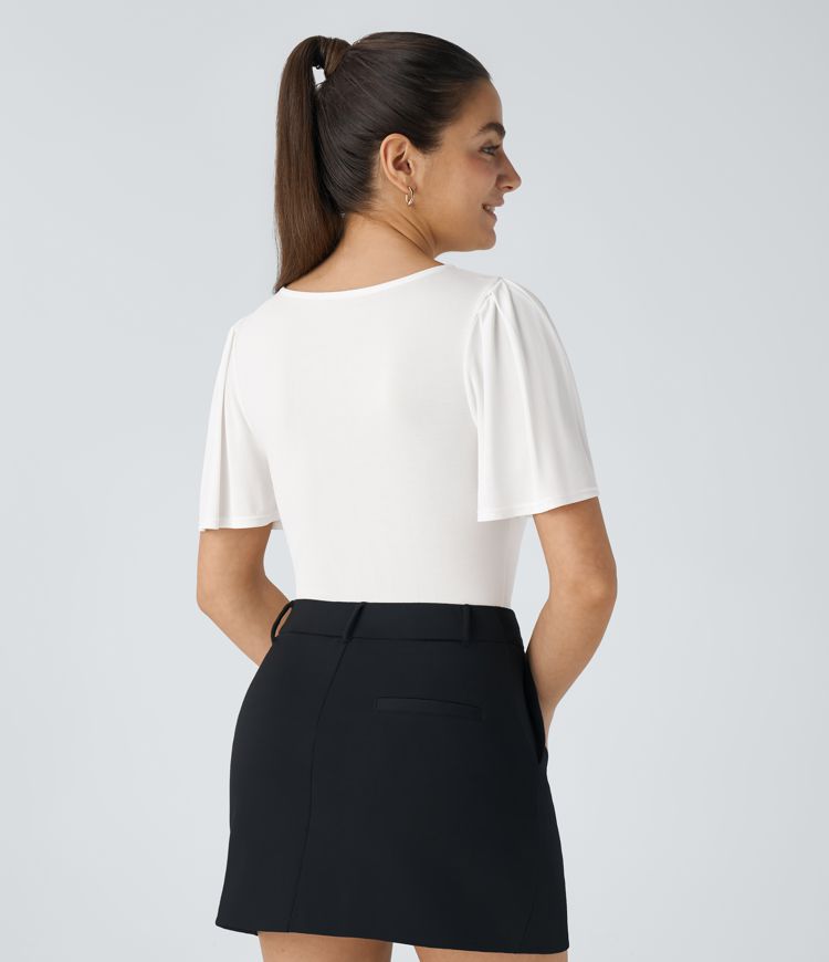 Women’s V Neck Butterfly Sleeve Solid Work Top - Halara