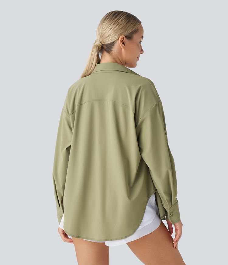 Women’s Split Cut Out Sleeve Button Front Curved Hem Hiking Shirt - Halara