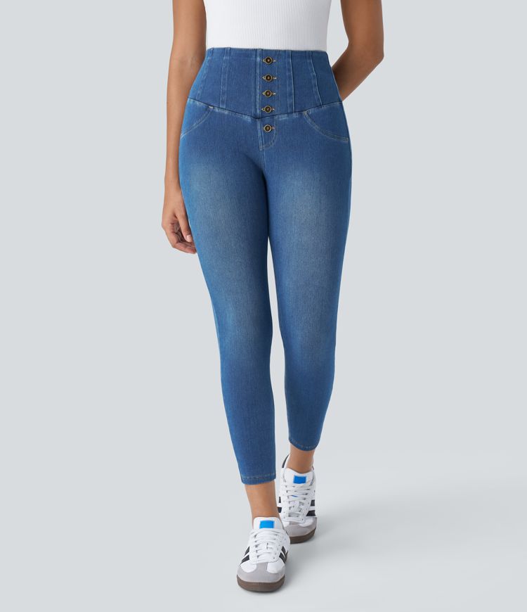 Women’s Halara Flex™ High Waisted Decorative Button Back Pocket Stretchy Knit Denim Casual 7/8 ...