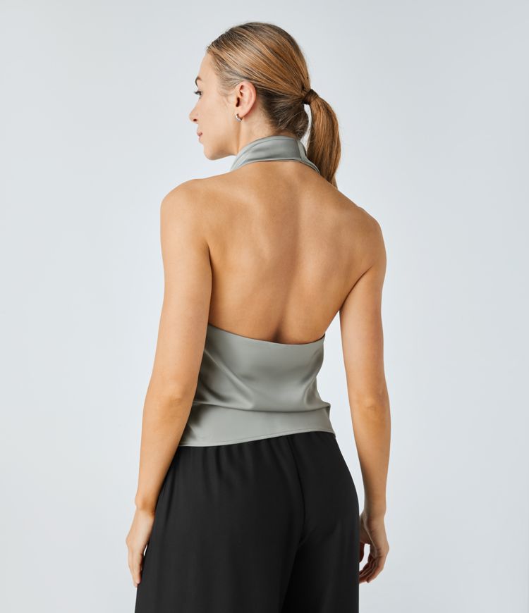 Women’s Halter Backless Stacked Invisible Zipper Split Satin-Like ...