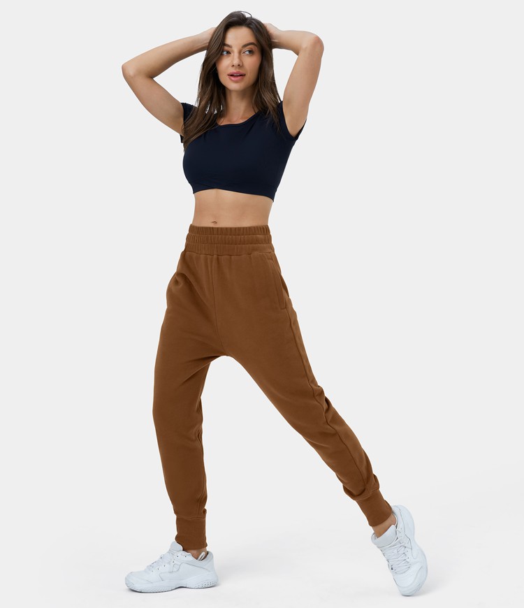 Women’s High Waisted Drawstring Side Pocket Ribbed Cuffs Fleece Casual ...