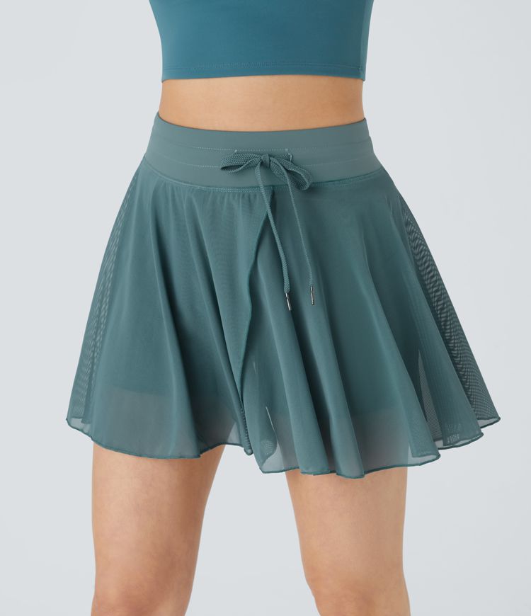 Women’s High Waisted Drawstring Contrast Mesh 2-in-1 Side Pocket Flowy ...