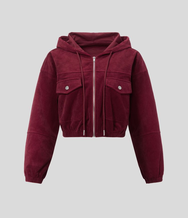 Women’s Drawstring Hooded Long Sleeve Flap Pocket Zipper Solid Casual Corduroy Jacket - HALARA