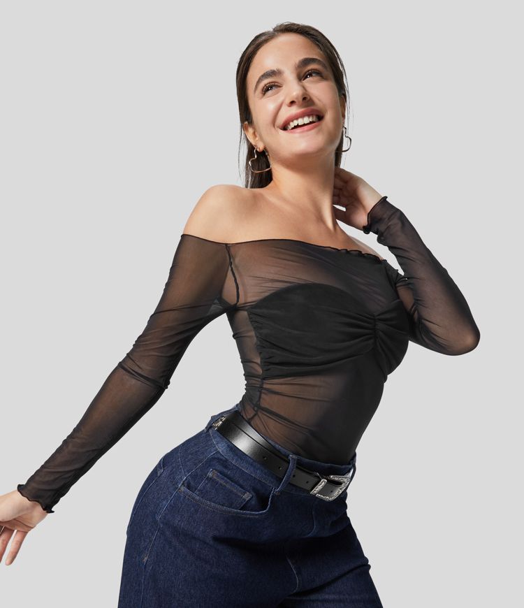 Women’s Sheer Mesh Off Shoulder Chest Ruched Party Top - Halara