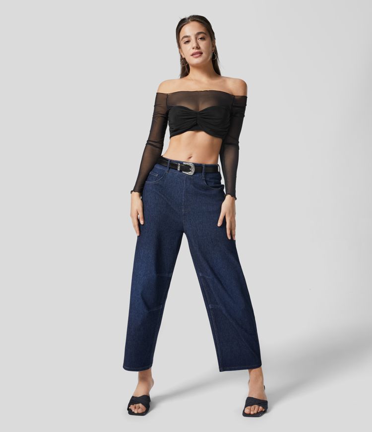 Womens Sheer Mesh Off Shoulder Chest Ruched Party Top Halara