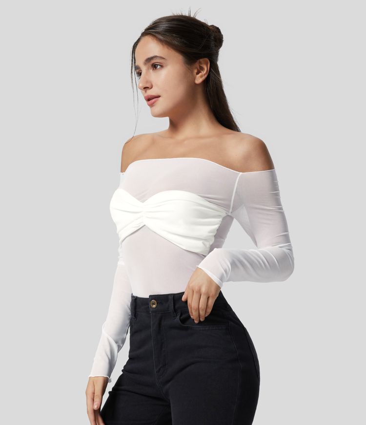 Women’s Sheer Mesh Off Shoulder Chest Ruched Party Top - HALARA