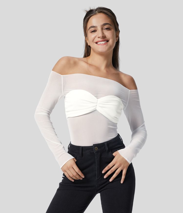 Women’s Sheer Mesh Off Shoulder Chest Ruched Party Top - HALARA