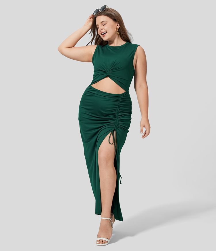 Womens Round Neck Twisted Cut Out Ruched Drawstring Split Hem Bodycon Midi Casual Plus Size